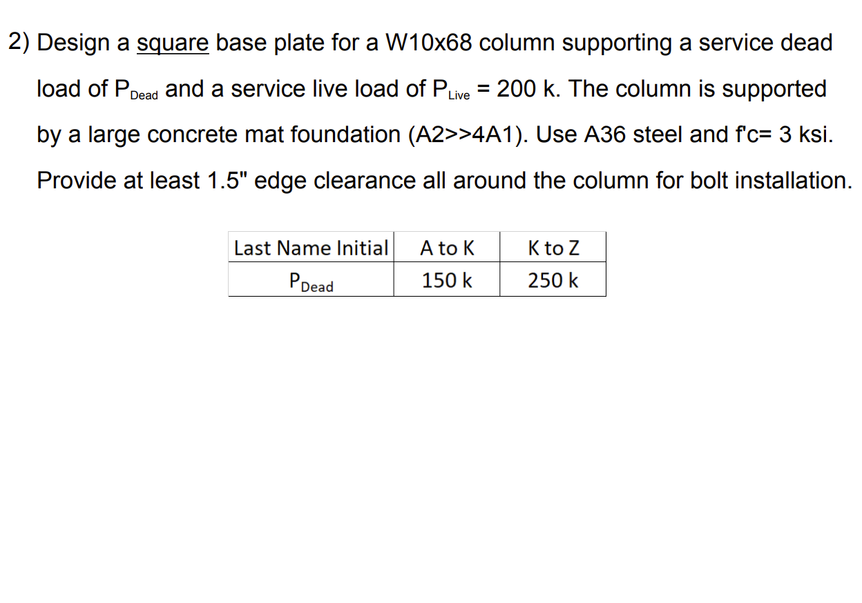 Solved 2) Design a square base plate for a W10x68 column | Chegg.com