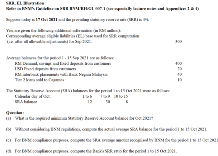 Solved SRR, EL Illustration Refer to BNM's Guideline on SRR | Chegg.com