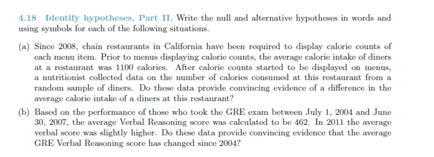Solved 418 Identify Hypotheses Part Ii Write The Null And 
