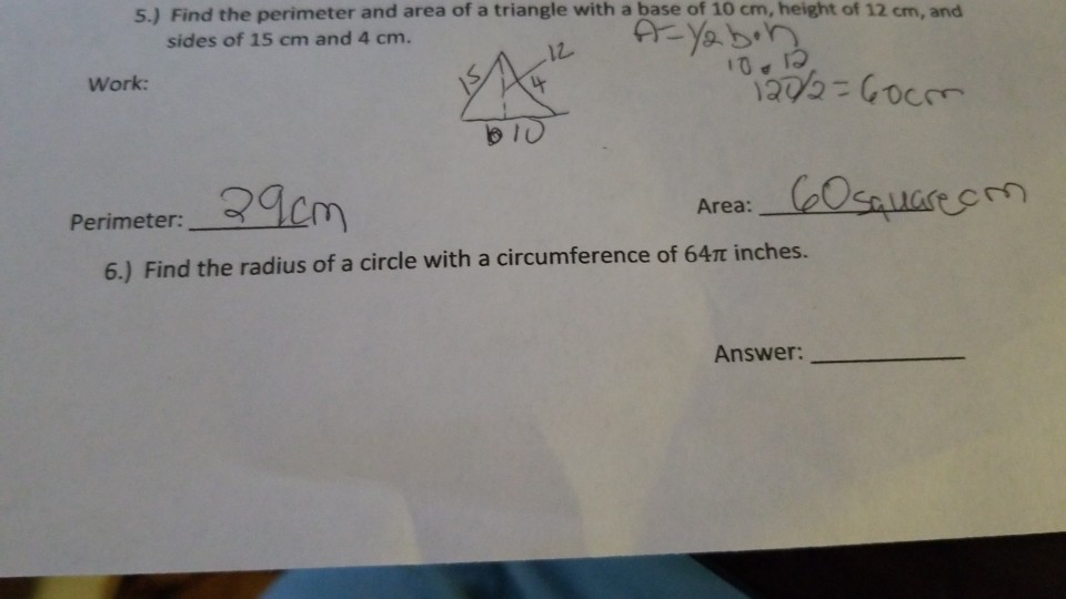 Solved 5.) Find the perimeter and area of a triangle with a | Chegg.com