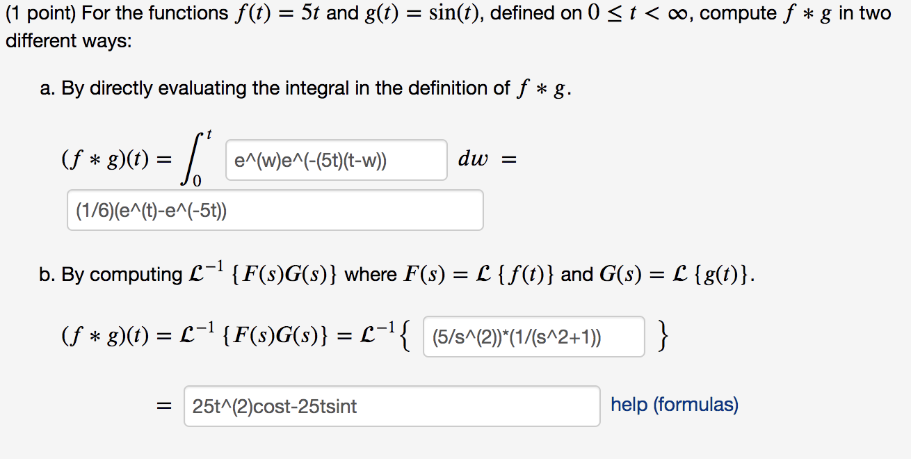 Solved (1 point) For the functions f(t) = 5t and g(t) = | Chegg.com