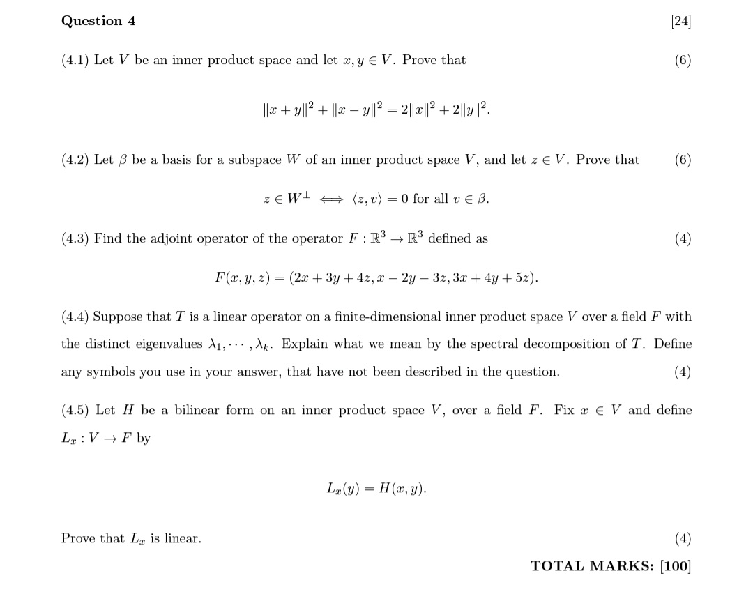 Solved Question 4(4.1) ﻿Let V be an ﻿inner product space and | Chegg.com