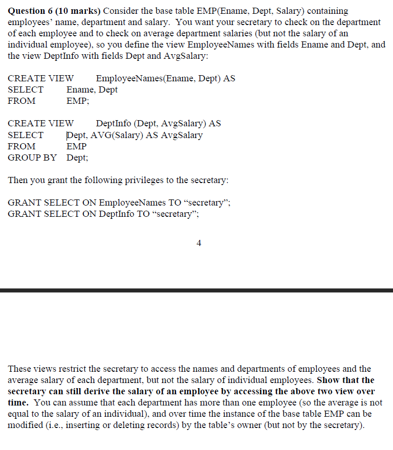 Solved Consider the base table EMP(Ename, Dept, Salary) | Chegg.com