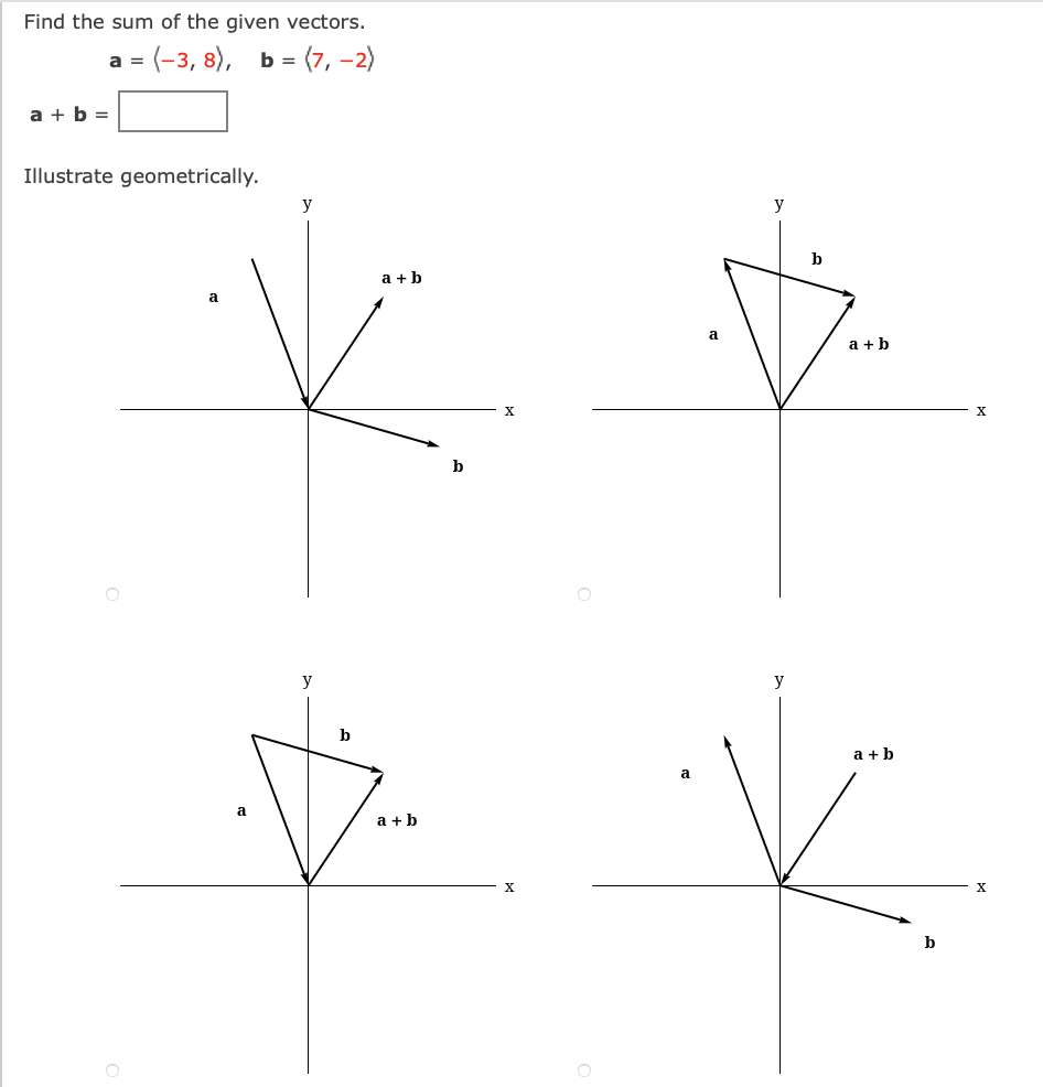 Solved Find the sum of the given vectors. a= −3,8 ,b= 7,−2 | Chegg.com
