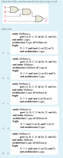 Solved Select the VHDL code that describe the shownlogic | Chegg.com