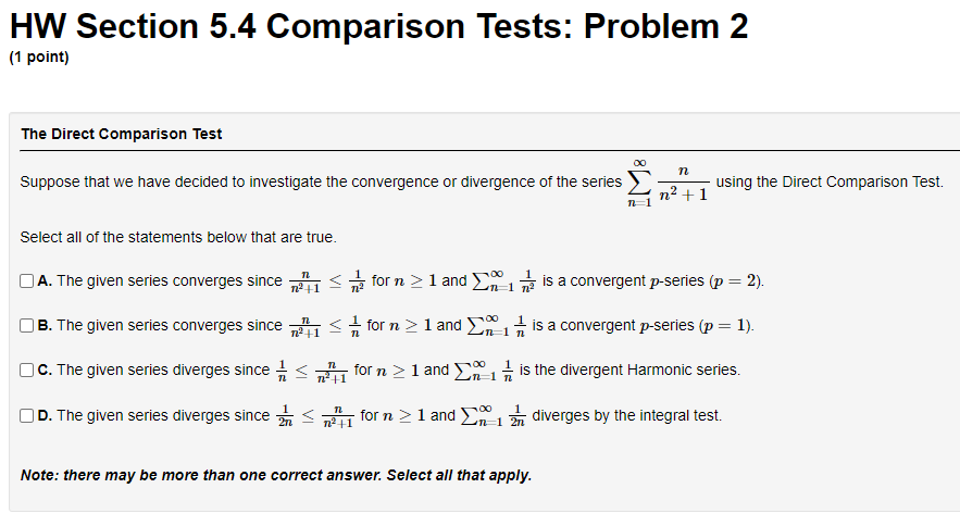 Solved HW Section 5.4 Comparison Tests: Problem 2 (1 point) | Chegg.com