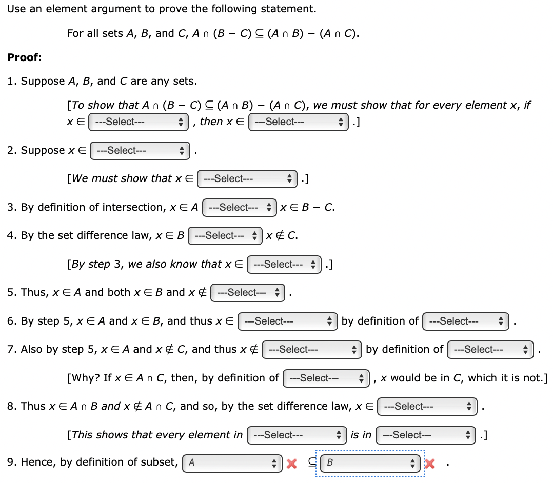 Solved For all sets A,B, and C,A∩(B−C)⊆(A∩B)−(A∩C). Proof: | Chegg.com