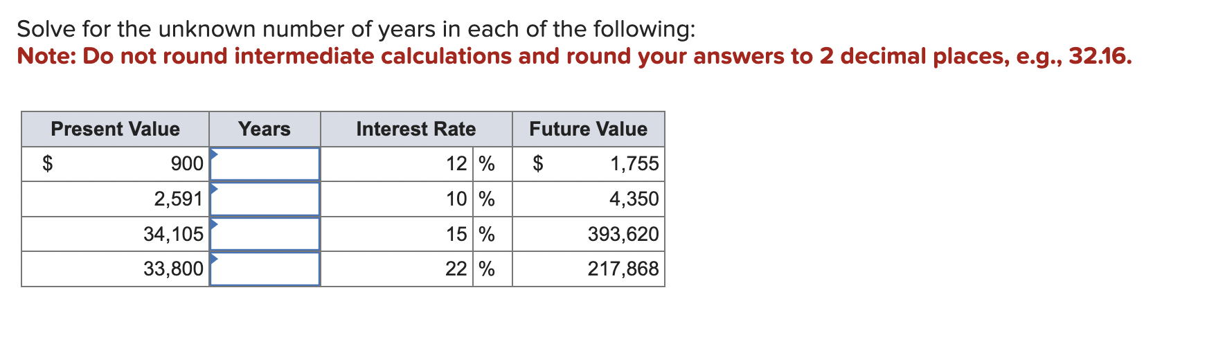 Solved Solve for the unknown number of years in each of the | Chegg.com