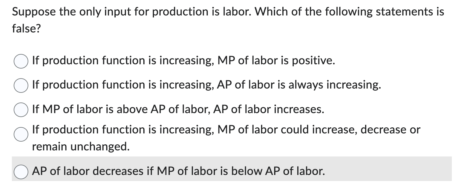 Solved Suppose the only input for production is labor. Which | Chegg.com