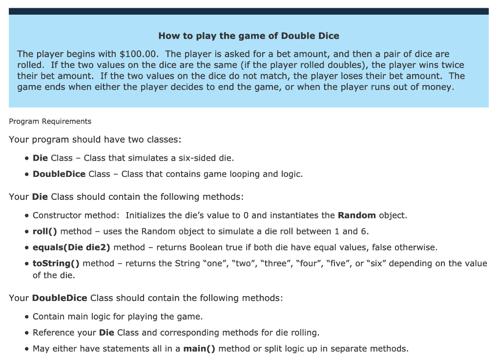 Solved How to play the game of Double Dice The player begins | Chegg.com