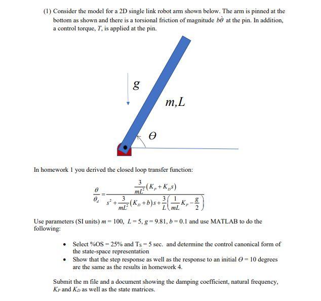 (1) Consider the model for a 2D single link robot arm | Chegg.com