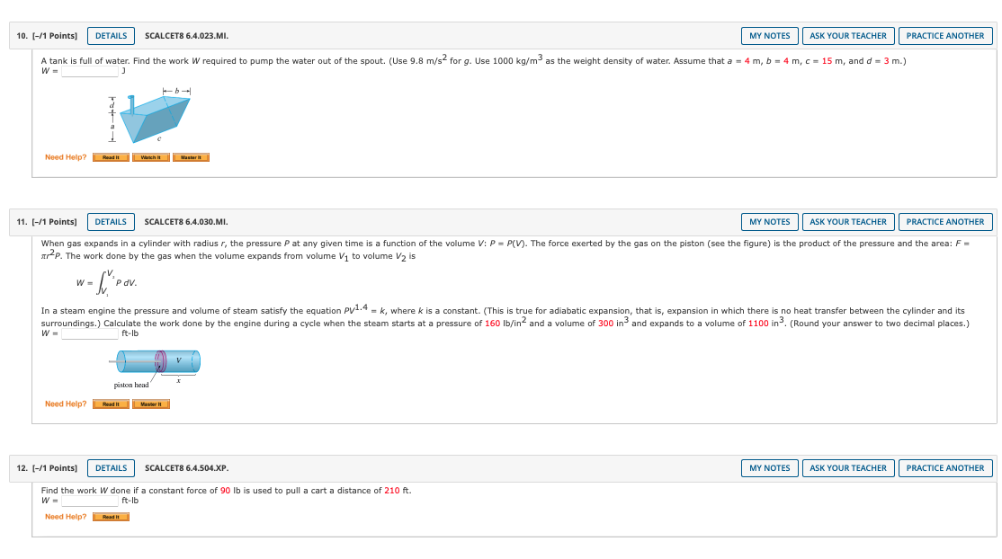 Solved W= [-/1 Points] SCALCET8 6.4.030.MI. πr2ρ. The work | Chegg.com