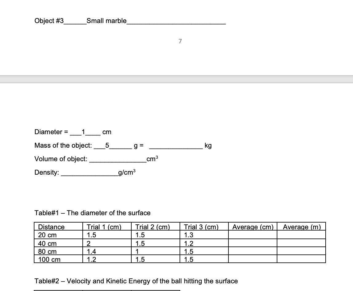 Solved Object \#1_Blue marble Diameter = 2.4 cm Mass of the | Chegg.com