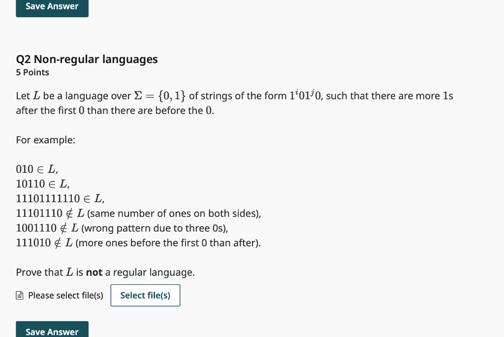 Solved Q2 Non-regular languages 5 Points Let L be a language | Chegg.com