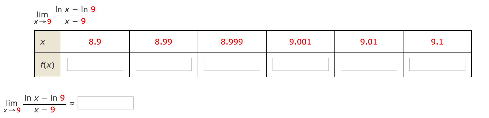 Solved lim x →9 In x – In 9 X - 9 Х 8.9 8.99 8.999 9.001 | Chegg.com Solved lim x →9 In x – In 9 X - 9 Х 8.9 8.99 8.999 9.001 | Chegg.com