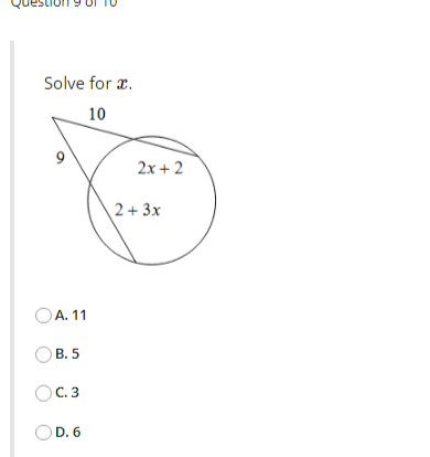 Solved Solve for x. A. 11 B. 5 C. 3 D. 6 | Chegg.com