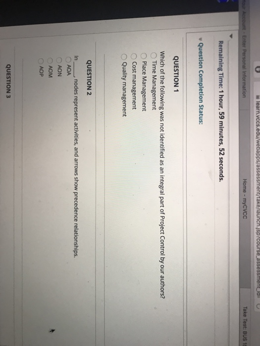 Solved learn.vccs.e Take Test: BUS 1 Home - myCVCC tion | Chegg.com