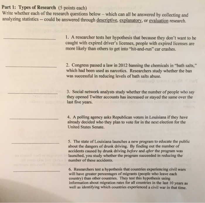 Solved Part 1: Types of Research (5 points each) Write | Chegg.com