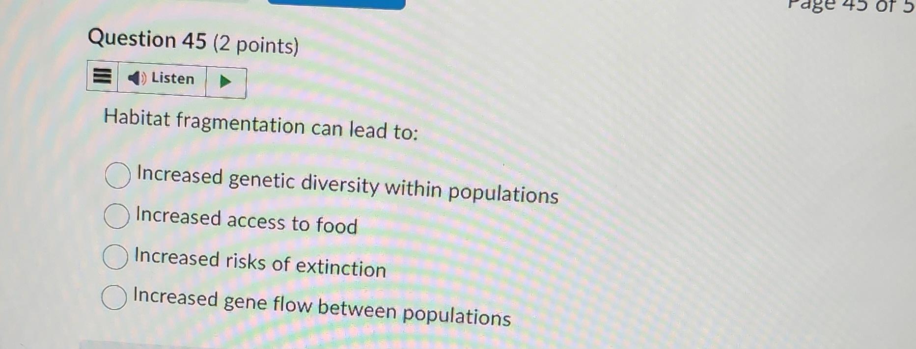 Solved Habitat fragmentation can lead to: Increased genetic | Chegg.com