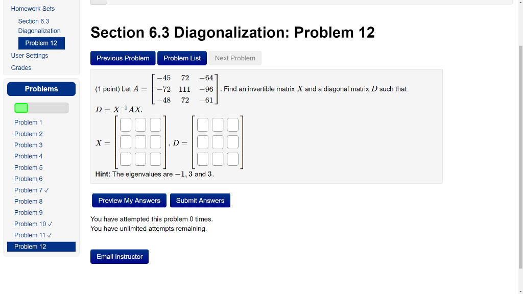 Solved Homework Sets Section 6.3 Diagonalization: Problem 12 | Chegg.com