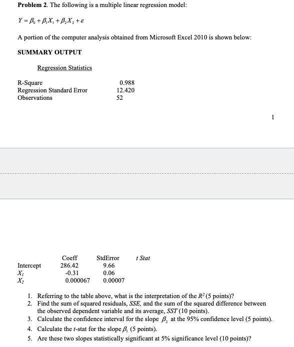 Solved Problem 2. The following is a multiple linear | Chegg.com
