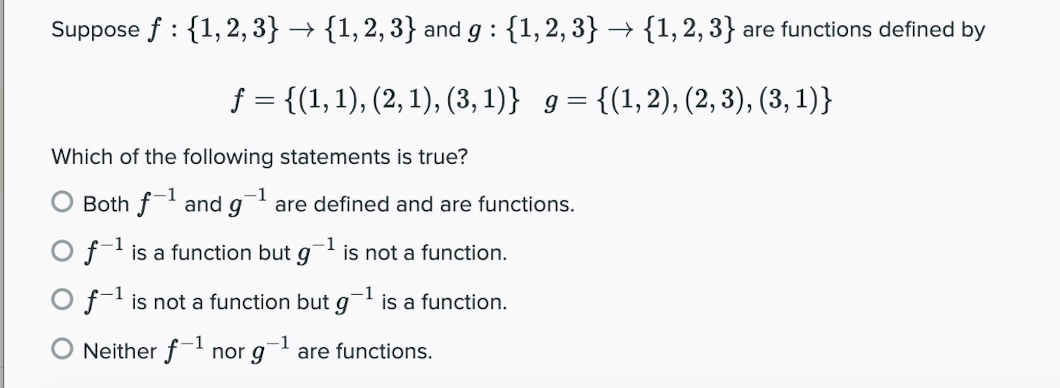 Solved Suppose f:{1,2,3}→{1,2,3} and g:{1,2,3}→{1,2,3} are | Chegg.com