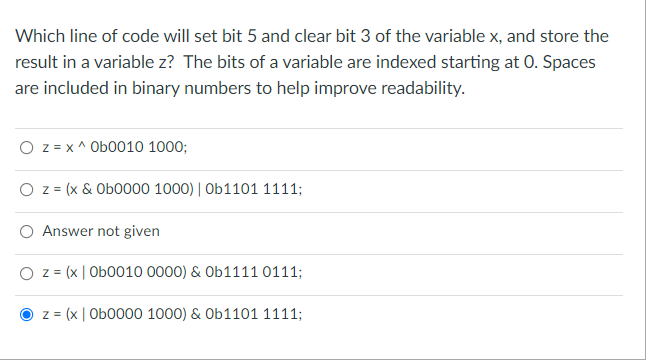 Solved Which line of code will set bit 5 and clear bit 3 of | Chegg.com