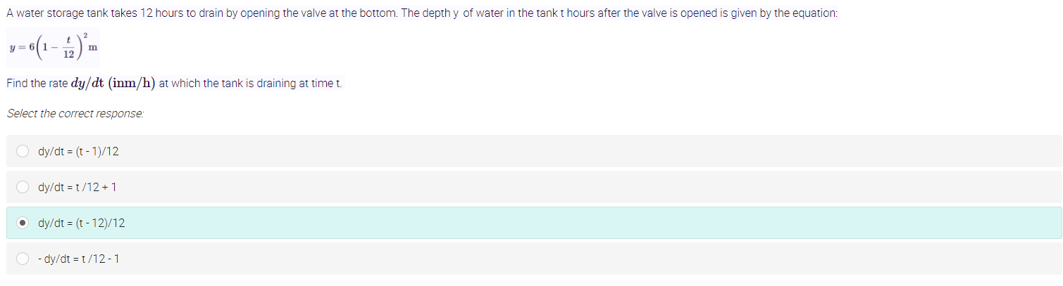 Solved A water storage tank takes 12 hours to drain by | Chegg.com