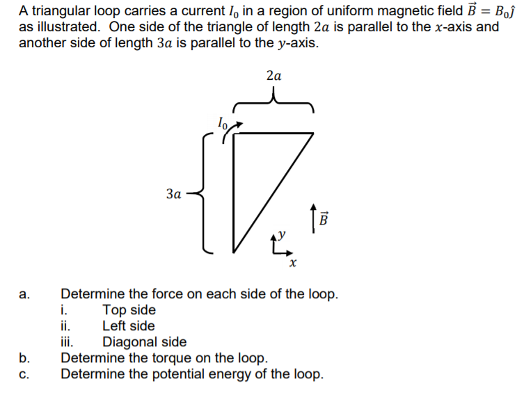 Solved A triangular loop carries a current 1, in a region of | Chegg.com