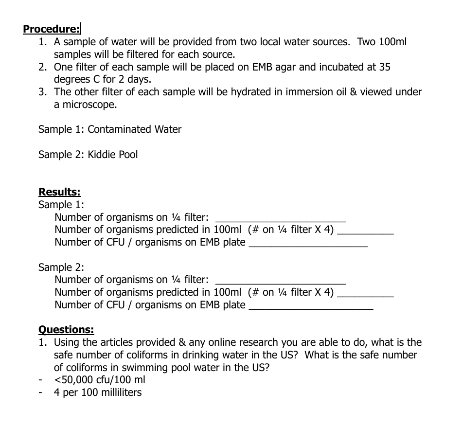 Solved Procedure: 1. A sample of water will be provided from | Chegg.com