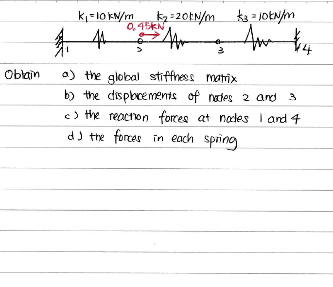 Solved k1=10kN/mk2=20kN/mk3=10kN/m a) the global stiffhess | Chegg.com