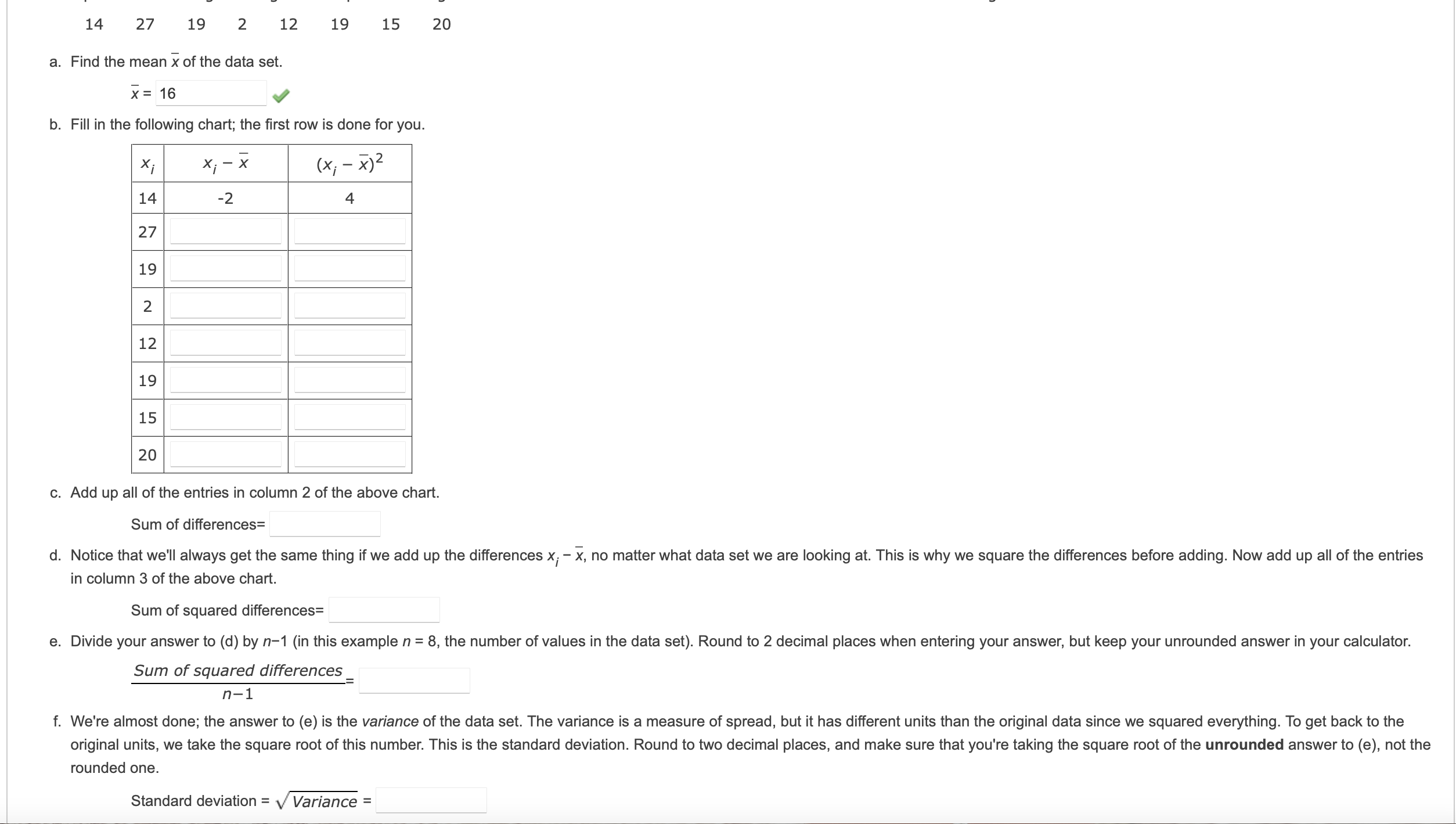Solved a. Find the mean xˉ of the data set. xˉ= b. Fill in | Chegg.com