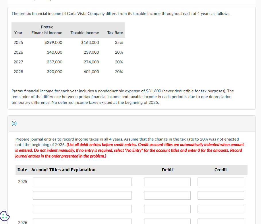 Solved The pretax financial income of Carla Vista Company | Chegg.com