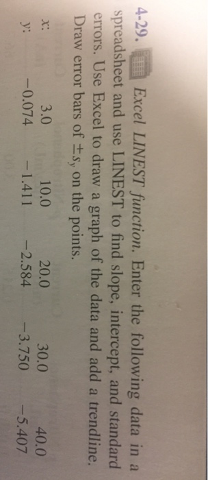 Solved 4-29. Excel LINEST fiunction. Enter the following | Chegg.com