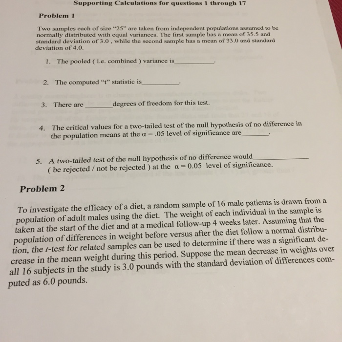 Solved Supporting Calculations for questions 1 through 17 | Chegg.com