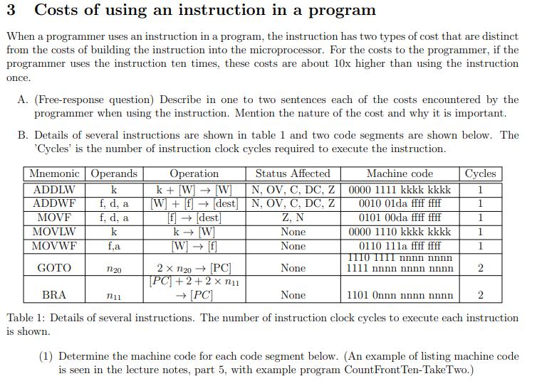 3 Costs of using an instruction in a program When a | Chegg.com