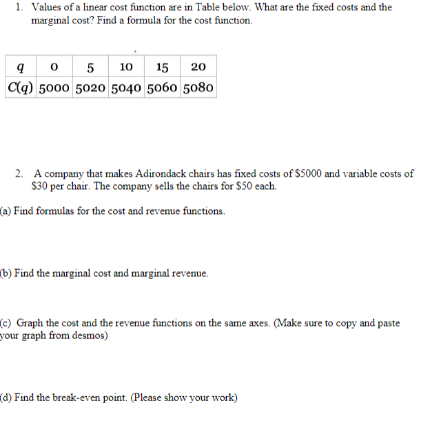 Solved 1. Values of a linear cost function are in Table | Chegg.com