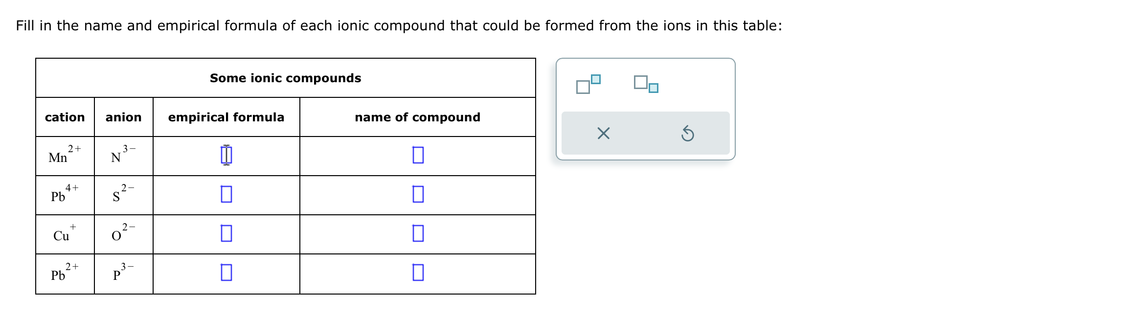 Solved Fill in the name and empirical formula of each ionic | Chegg.com