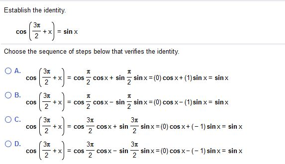 Solved Establish the identity. Choose the sequence of steps | Chegg.com
