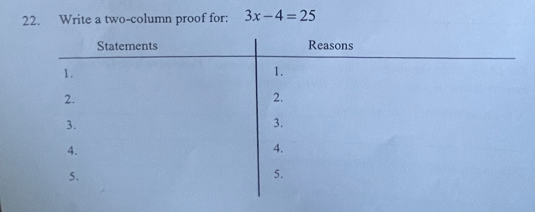 Solved 22. Write a two-column proof for: 3x−4=2521. Sherri | Chegg.com