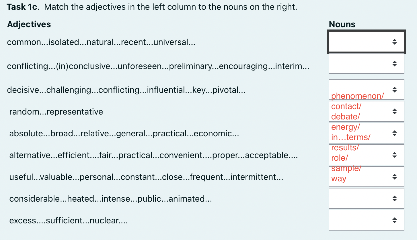 Task 1c. Match the adjectives in the left column to | Chegg.com