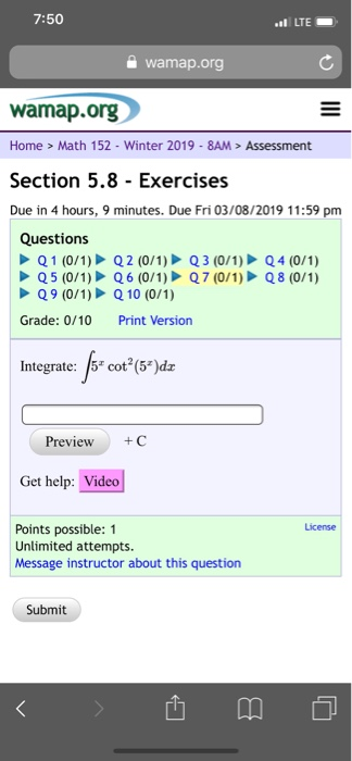 Solved 7:50 LTE a wamap.org wamap.org Home> Math 152- Winter | Chegg.com