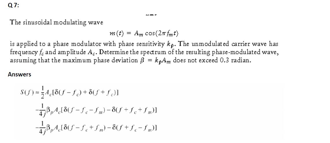 Solved Q7: The sinusoidal modulating wave m(t) = Am cos(21 | Chegg.com