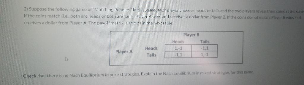Solved 2) Suppose the following game of "Matching Pennies." | Chegg.com