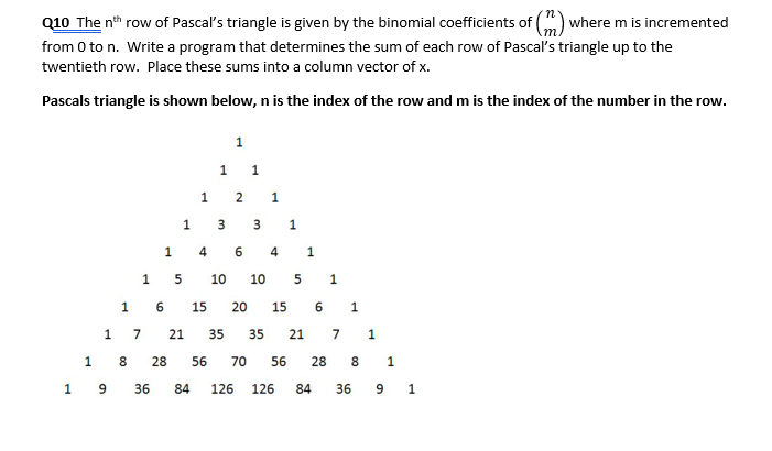 Solved 210 The n' row of Pascals triangle is given by the | Chegg.com