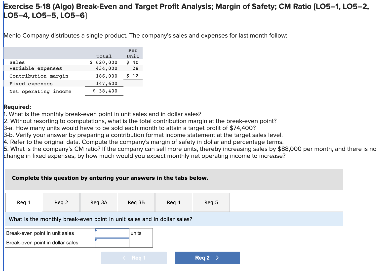 Solved Exercise 5-18 (Algo) Break-Even and Target Profit | Chegg.com