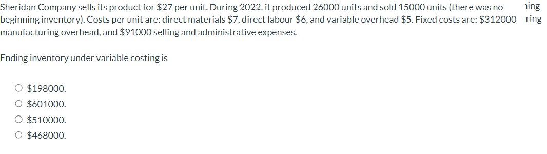Solved Sheridan Company sells its product for $27 ﻿per unit. | Chegg.com