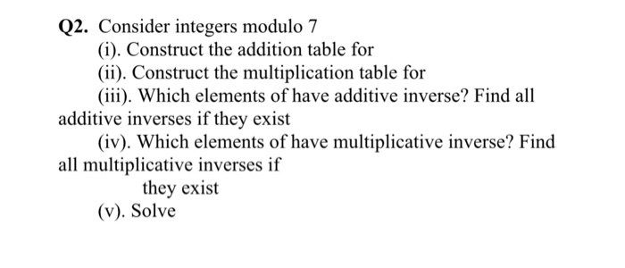 Solved Q2. Consider integers modulo 7 (i). Construct the | Chegg.com