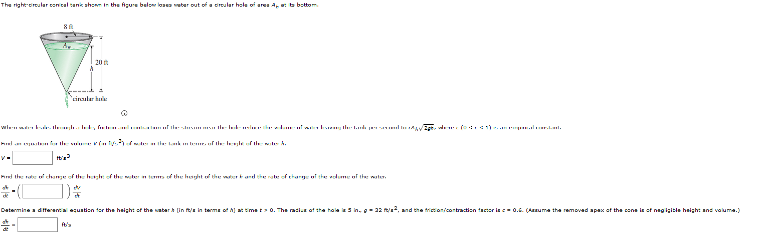 Solved The right-circular conical tank shown in the figure | Chegg.com
