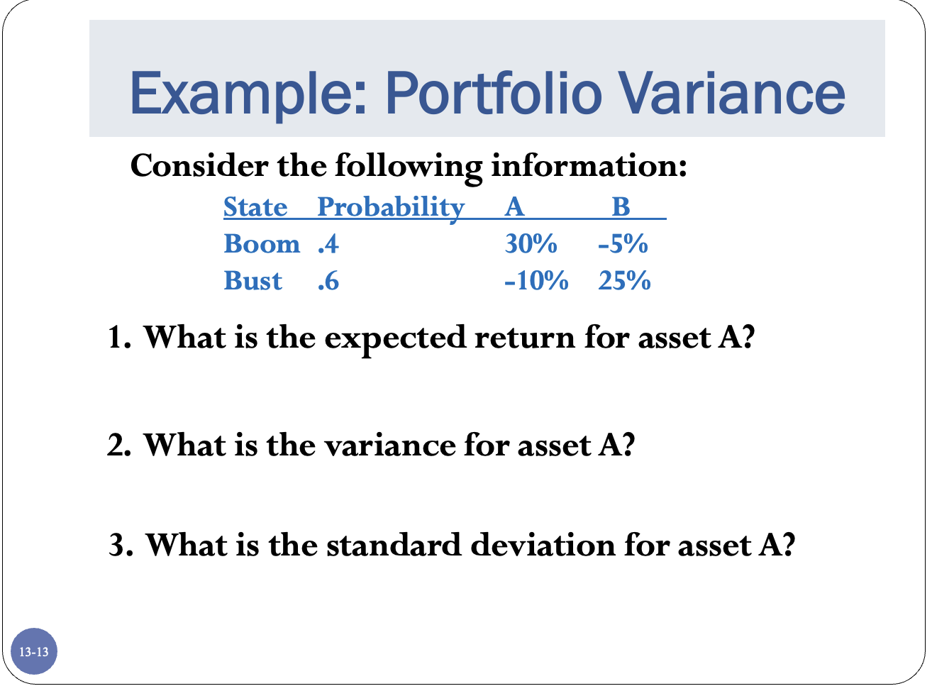 Solved Example: Portfolio Variance Consider the following | Chegg.com